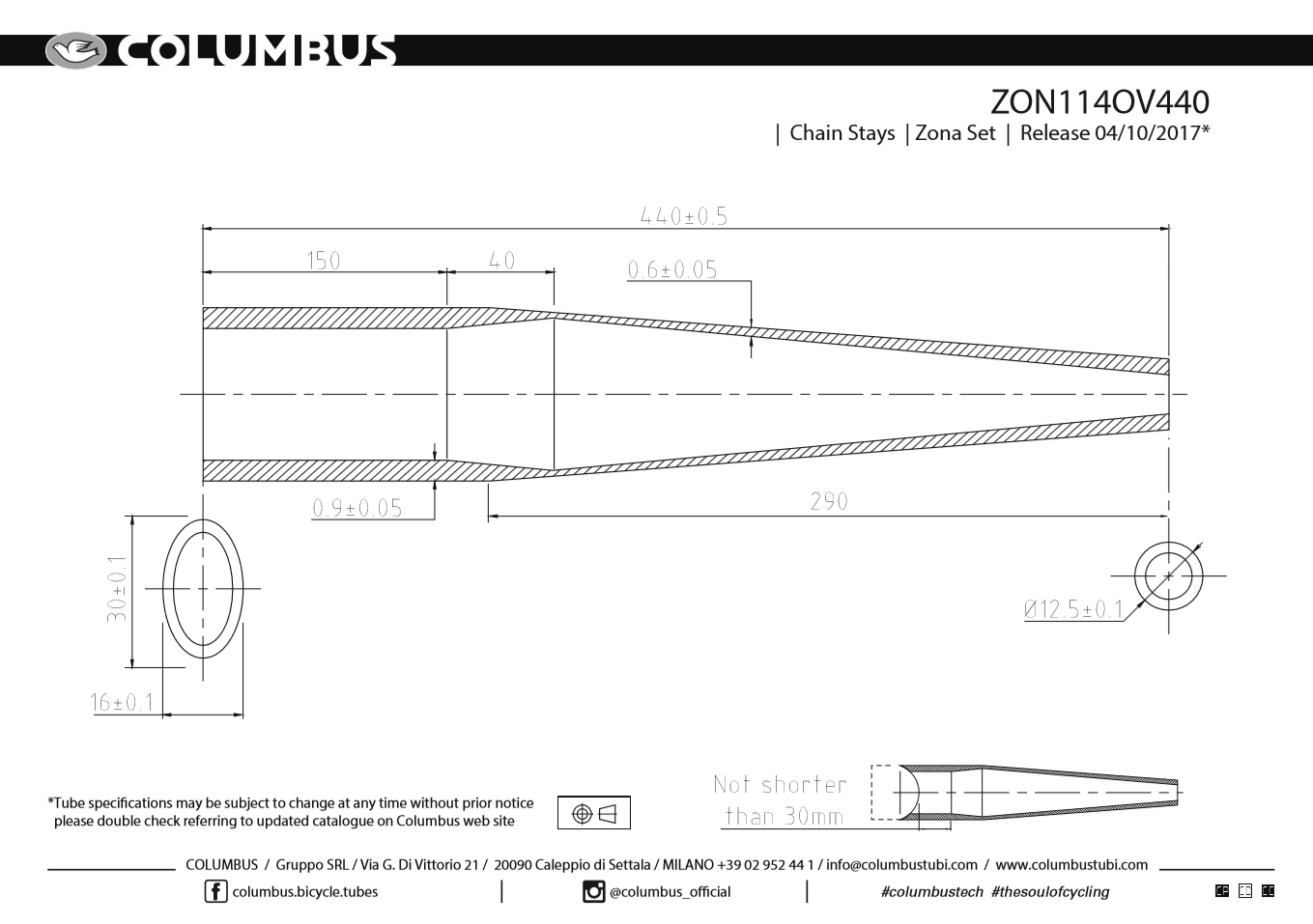 Zona Chain Stay 440mm X 30 X 16 - Hillbrick Bicycles